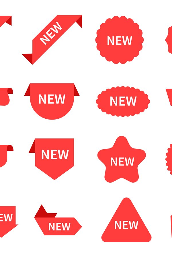New arrival stickers. Elegant advertising icons, red shoppin