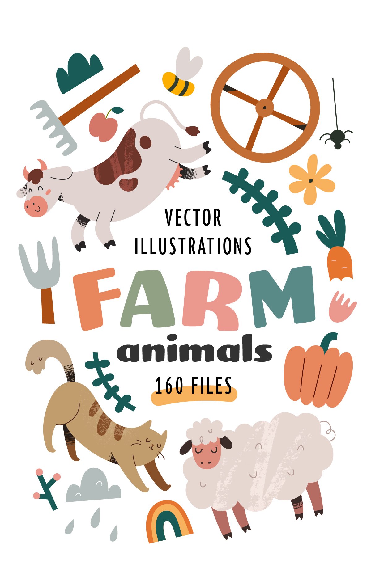 Cute farm animals, sheep dog, horse, cow, donkey, vector art