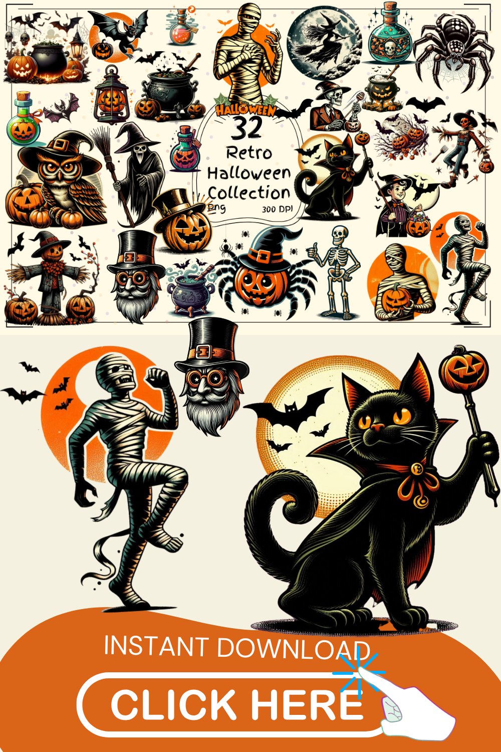 32 Retro Halloween Clipart Collection - Spooky & Fun Designs