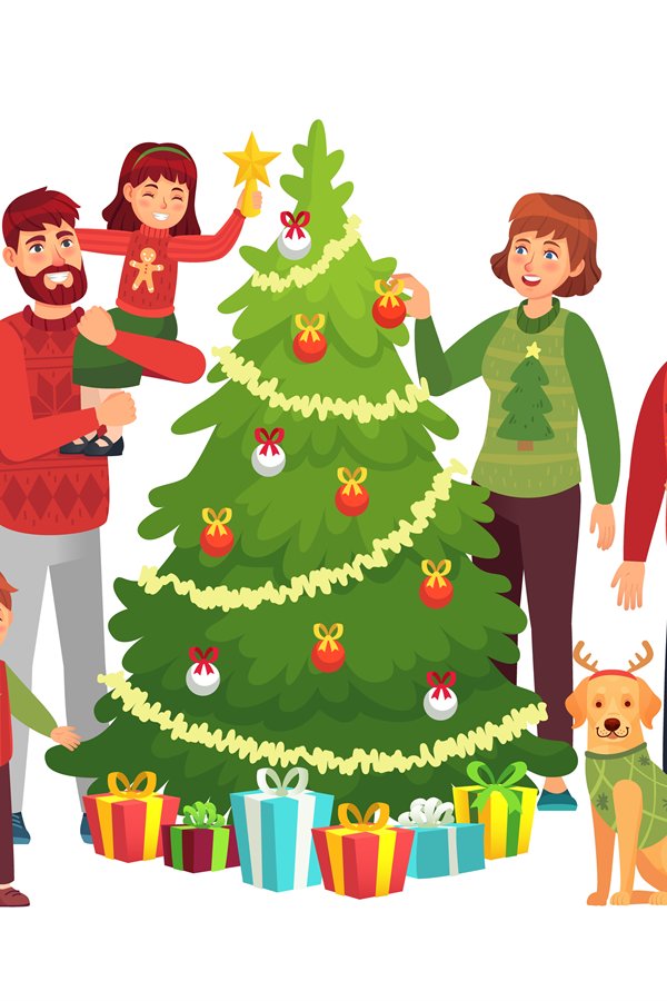 Cartoon christmas family portrait. Xmas tree decorations, ha