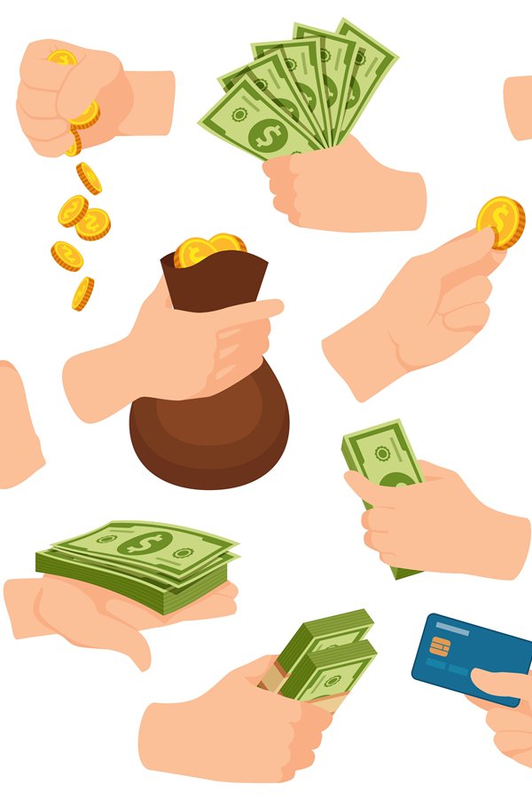 Hands hold cash. Human arm give money and pay in dollar bill