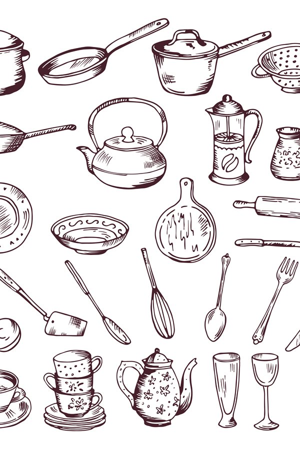Hand drawn vector illustration of kitchen tools isolate on w