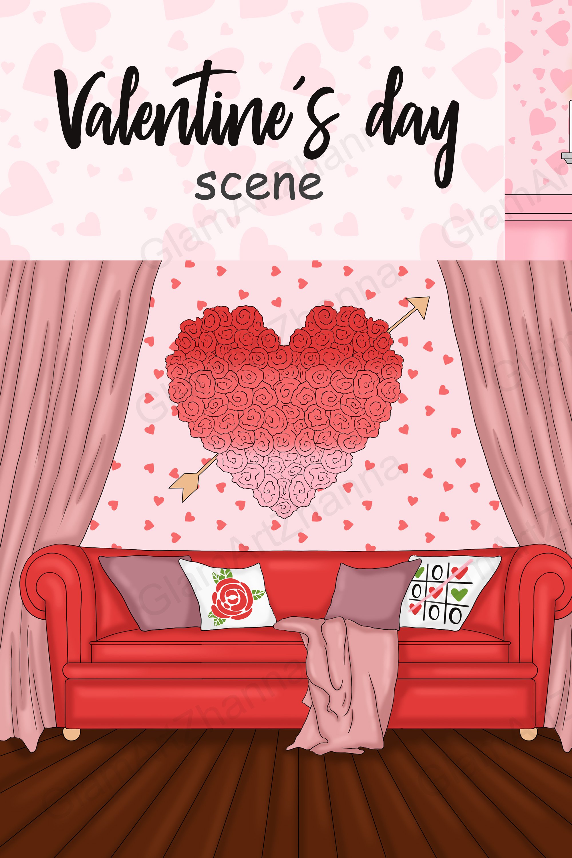Valentine's Day SCENE Love Heart Graphics for Planner PNG
