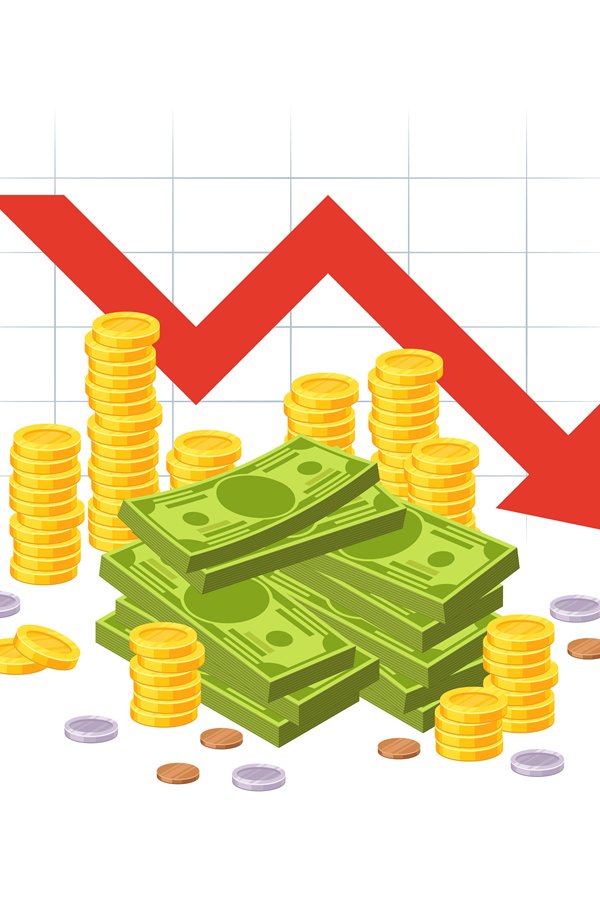 Money loss. Red down arrow stocks graph with cash pile. Fina