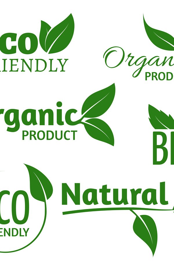 Organic eco vector logos with green leaves. Bio friendly pro
