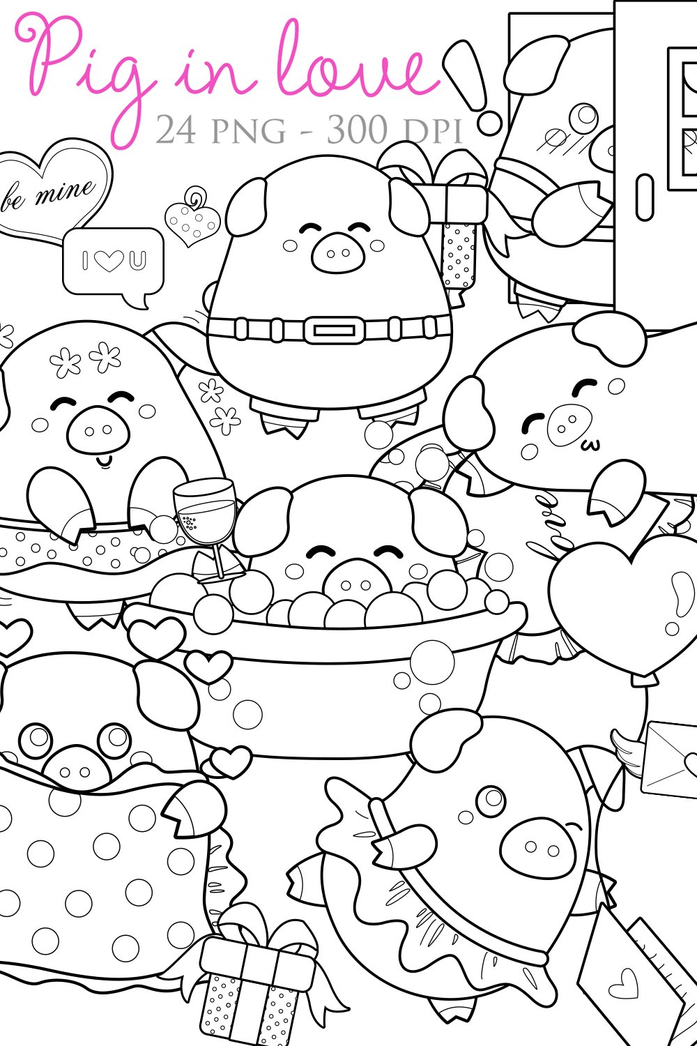 Cute Pigs in Love Valentines Day Digital Stamp Outline