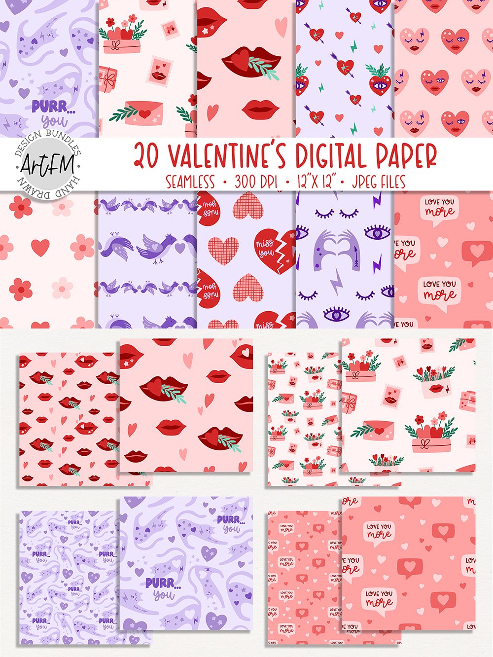 Valentines Day Digital Papers / Valentines Seamless Patterns