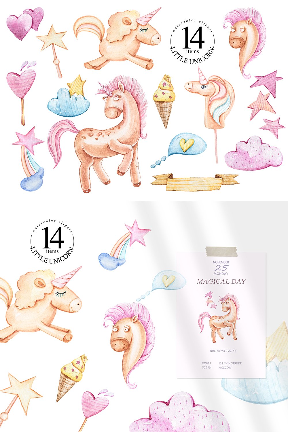 Watercolor Valentines day Unicorns Clipart - 14 png files