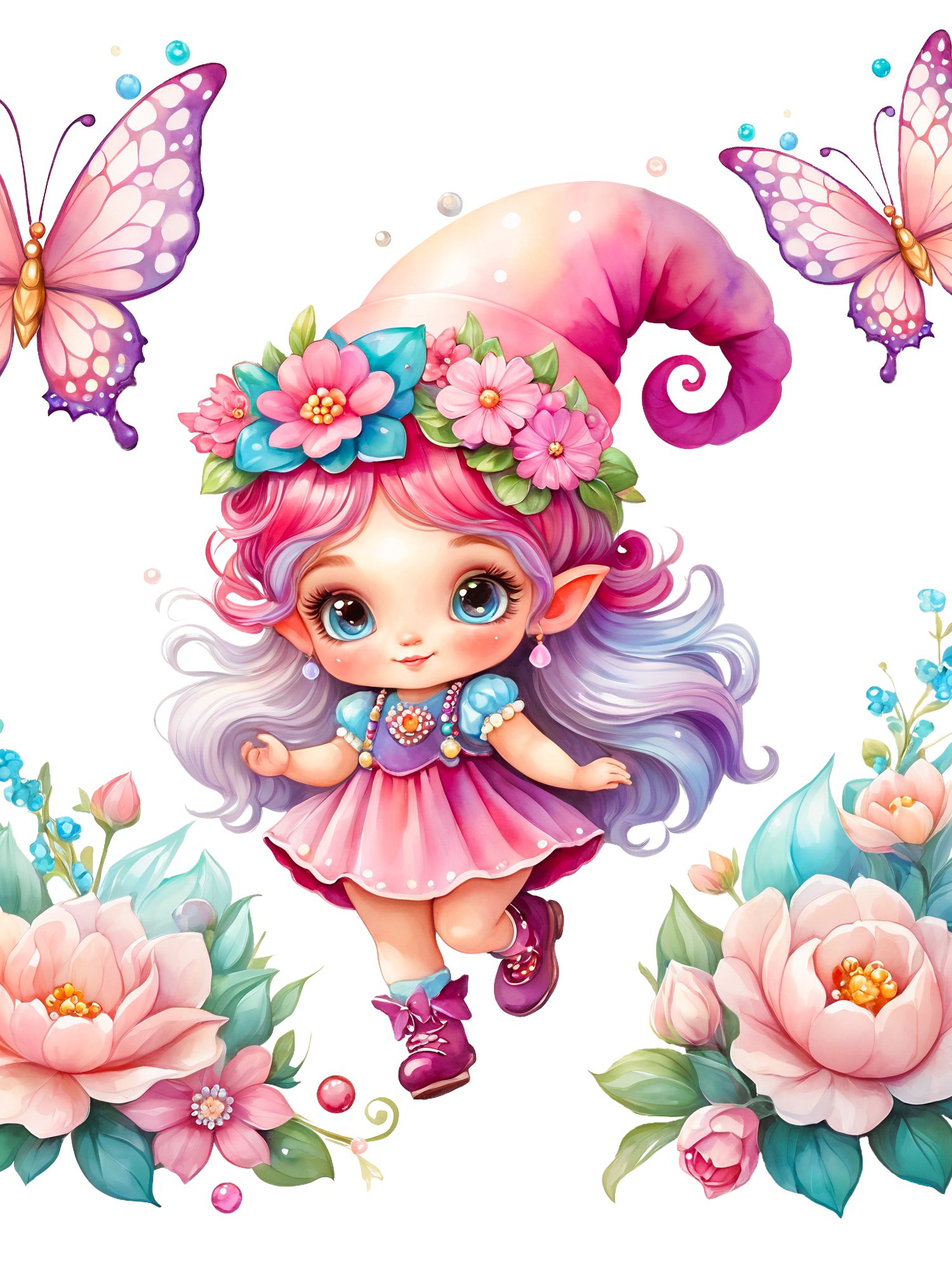 Cute Garden Gnome Girl in Flowers Clipart PNG
