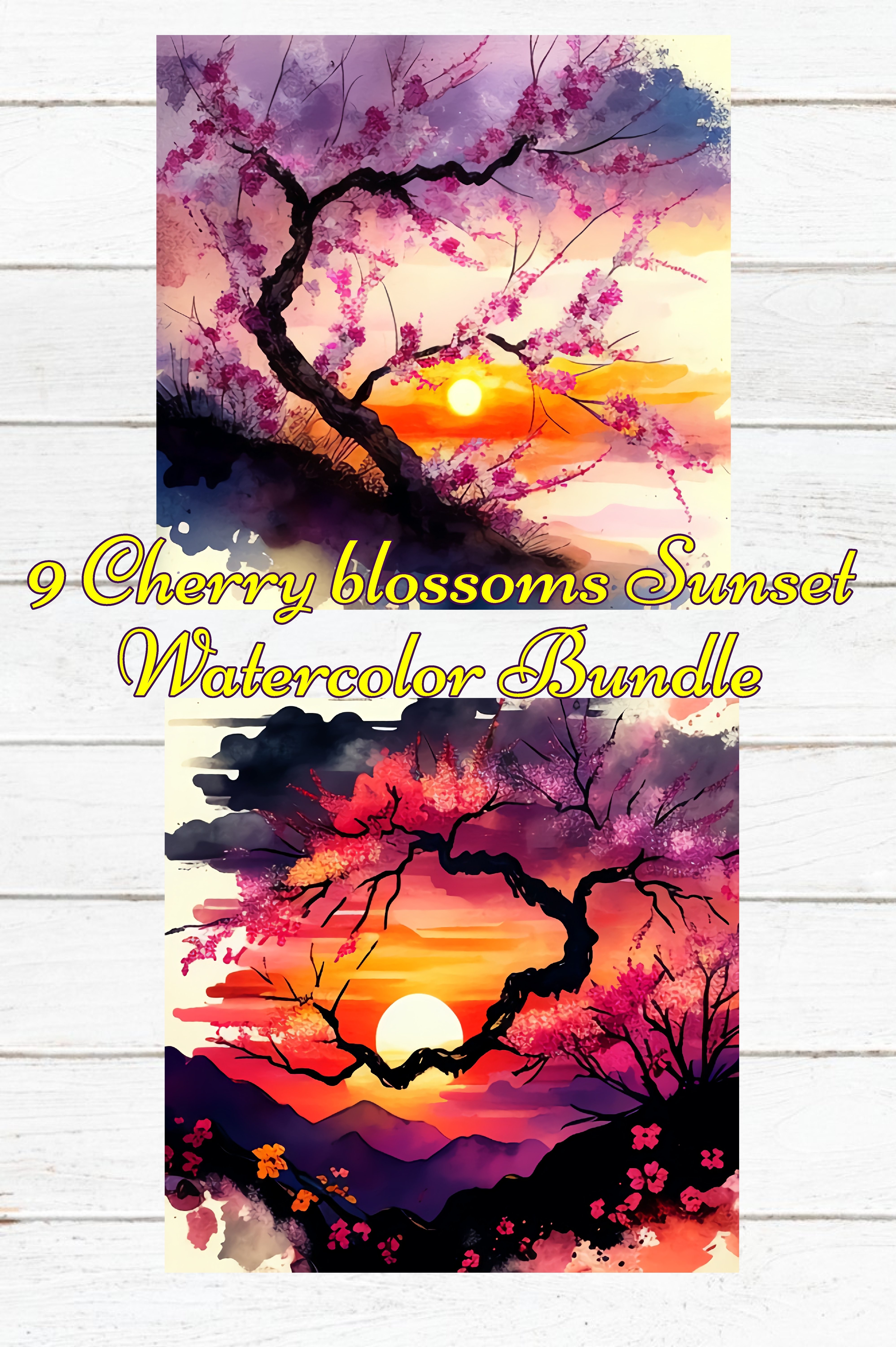 9 Cherry blossoms Sunset Watercolor Bundle clipart