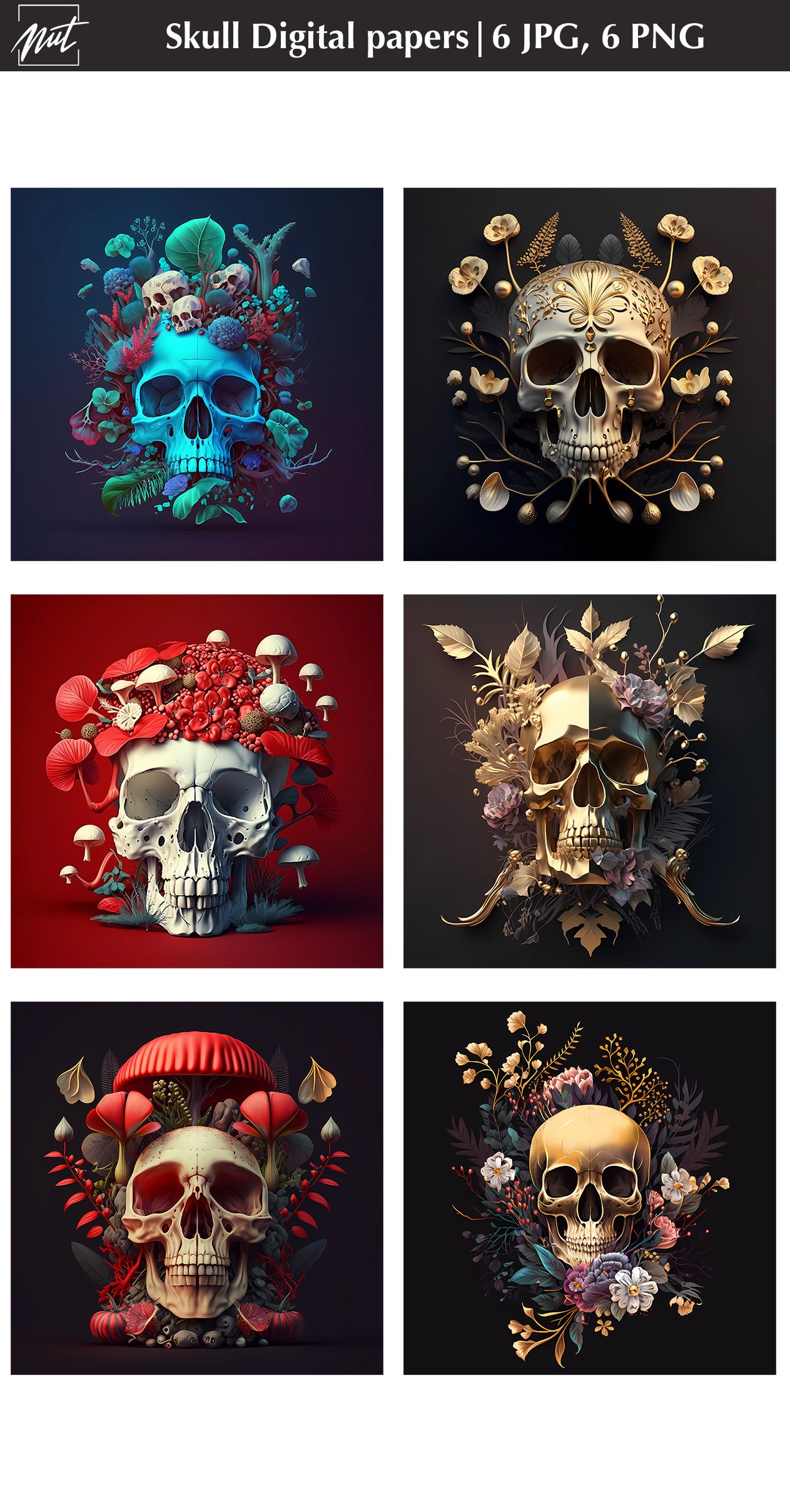 Skull paper, Gothic paper, Halloween scrapbook paper