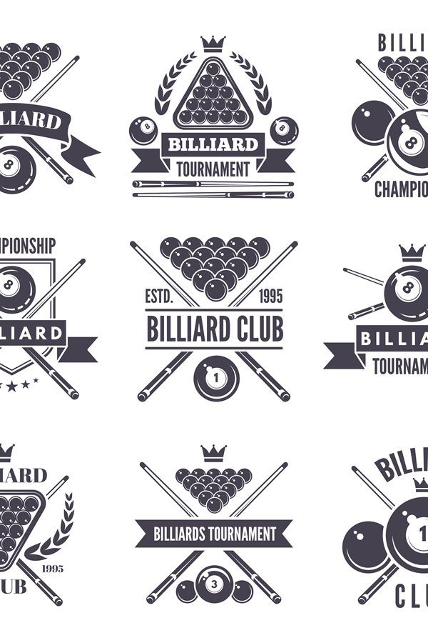 Monochrome labels or logos for billiard club. Vector illustr