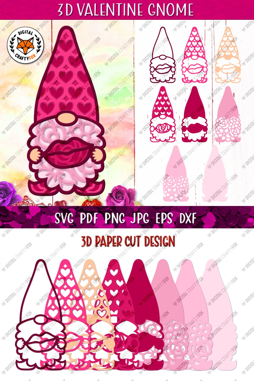 3D Valentine Gnome with Lips, Valentines Day Paper Cut