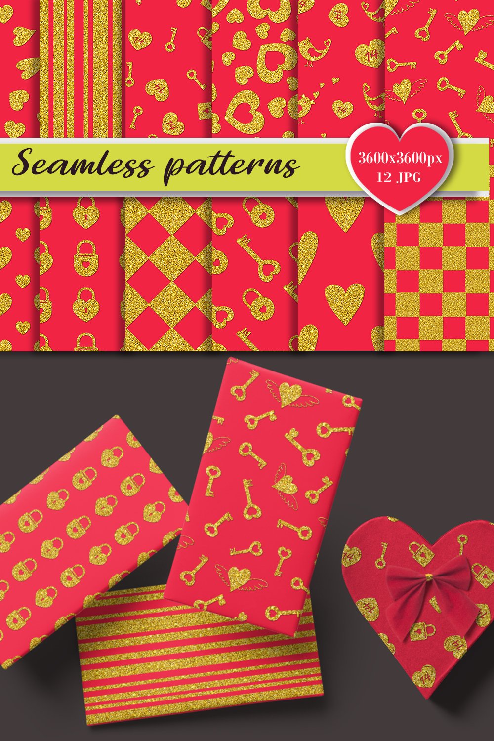 Shiny seamless patterns on a red background. Digital paper