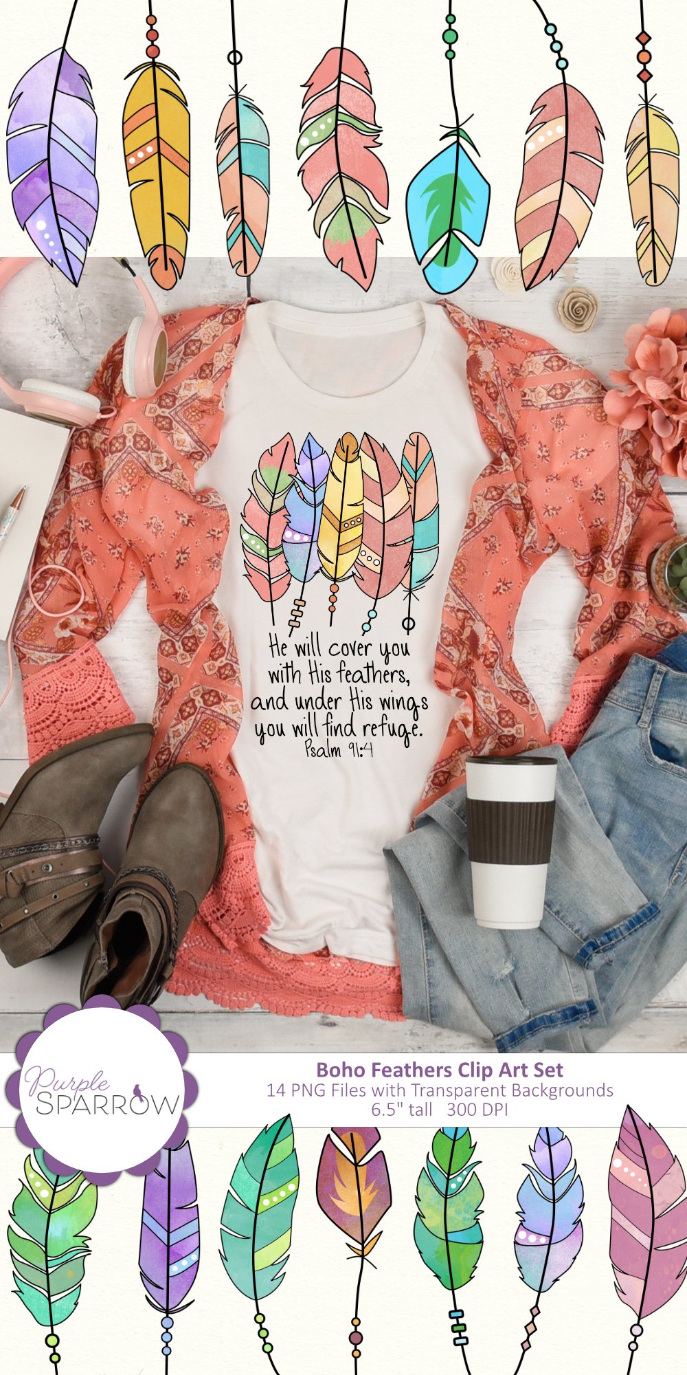 Watercolor Boho Feathers Set | 14 PNG Files