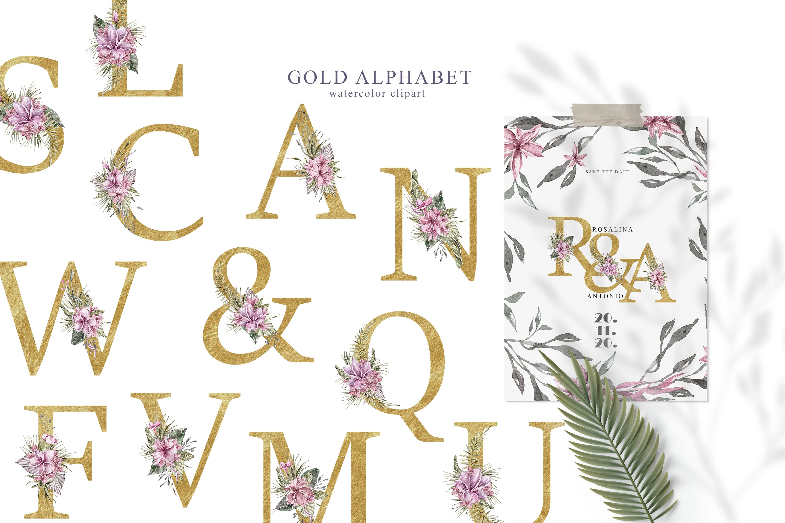 Watercolor floral gold Alphabet clipart. Monogram letters