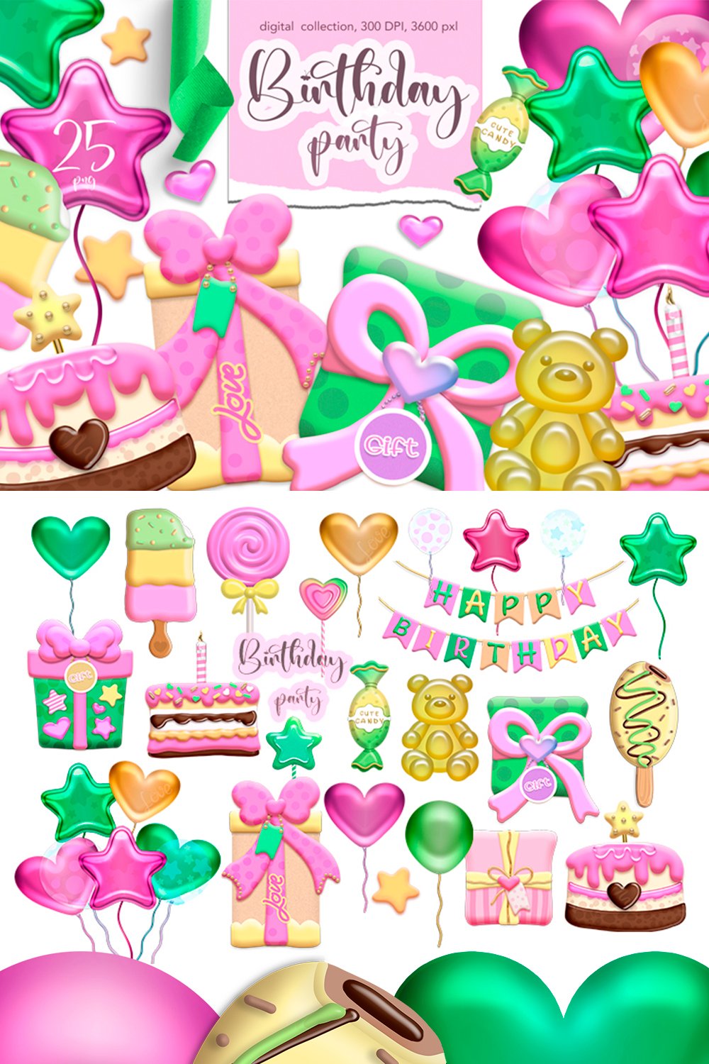 Happy Birthday clipart, gift box and birthday balloons.