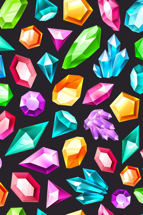 Gem seamless pattern. Gemstones amethyst, topaz and quartz.