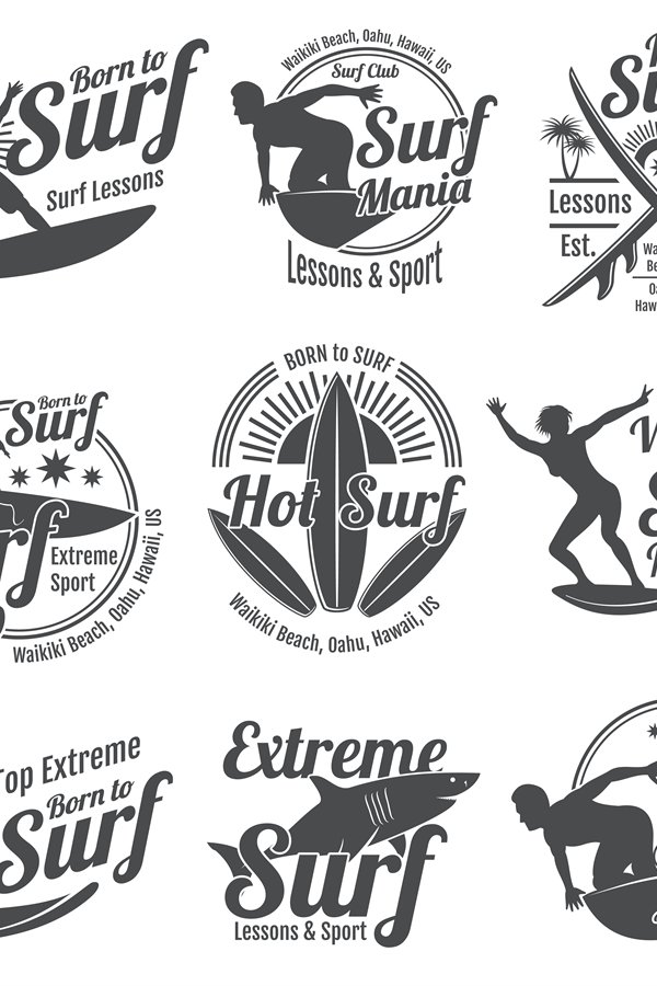 Summer surfing sports vector logos collection with surfer, s