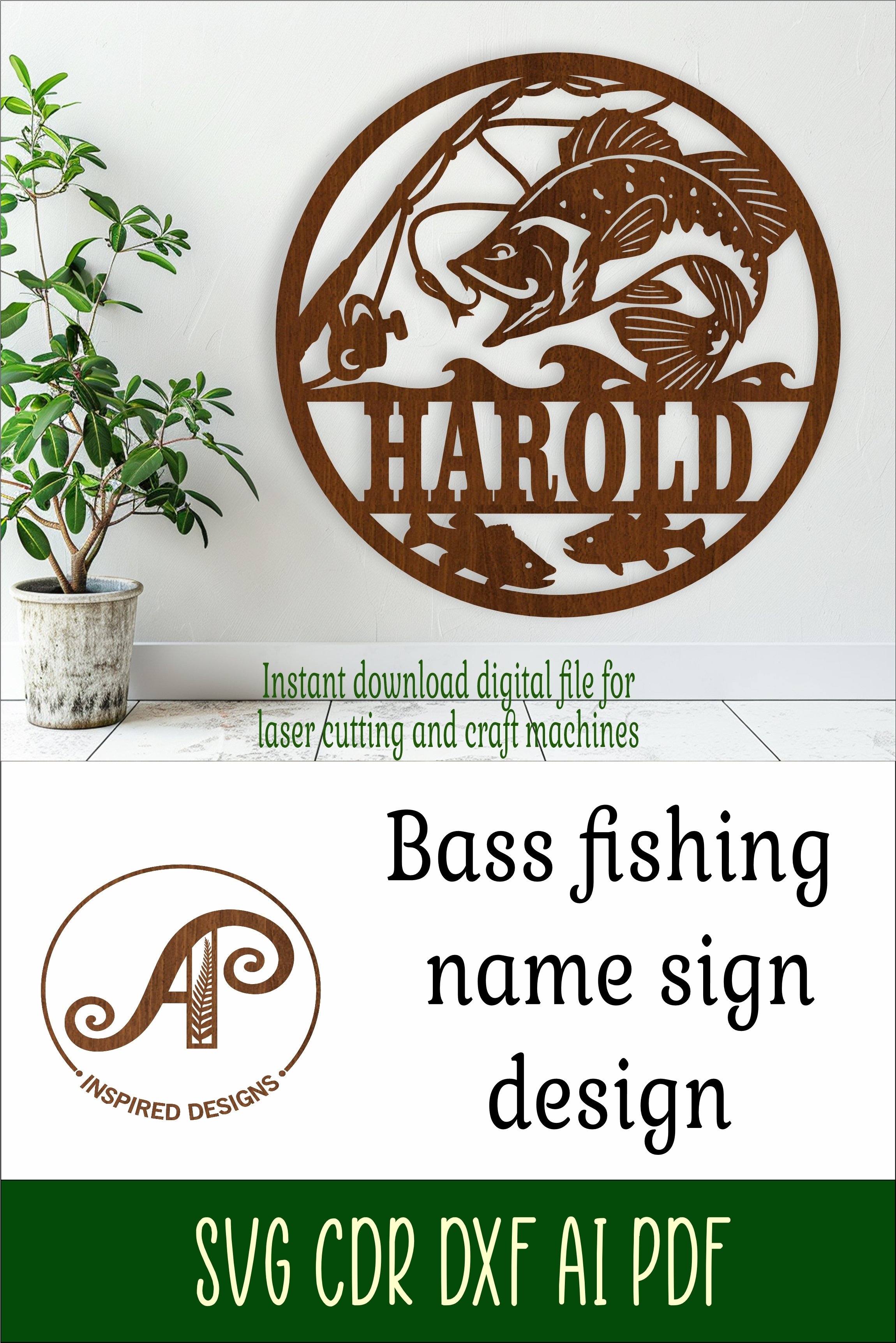 Bass fishing name sign svg laser cut template (4944237)