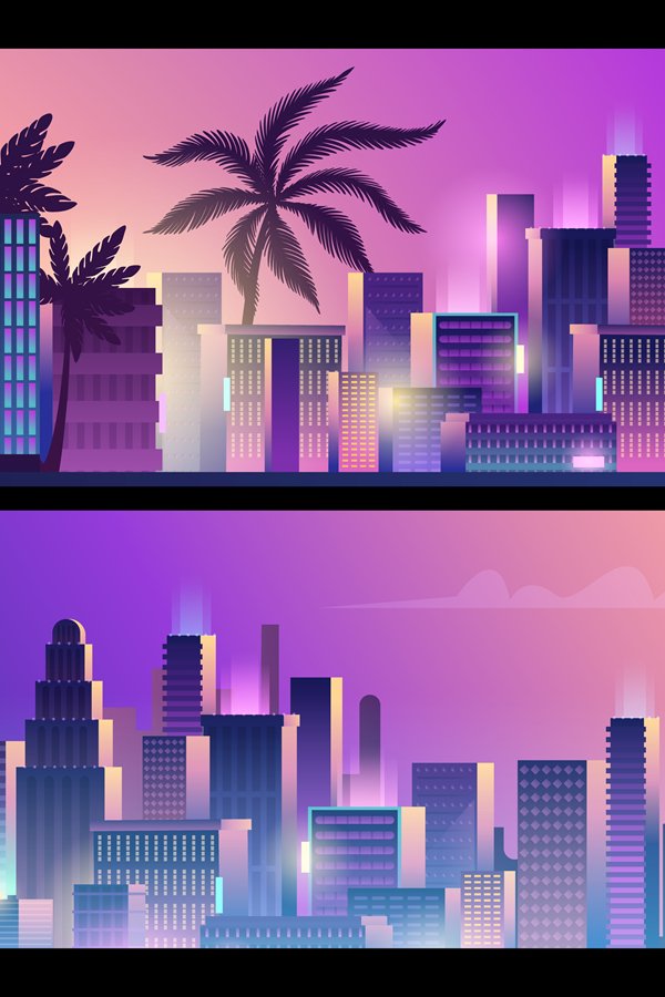 Neon city banners. Cyberpunk style background, downtown and