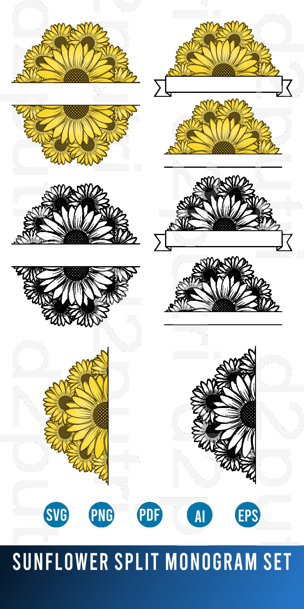 Sunflower svg set, Sunflower split monogram, Flowers svg