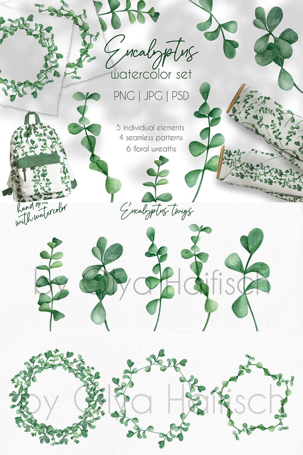Eucalyptus Watercolor Clipart Collection. Floral Wreaths PNG