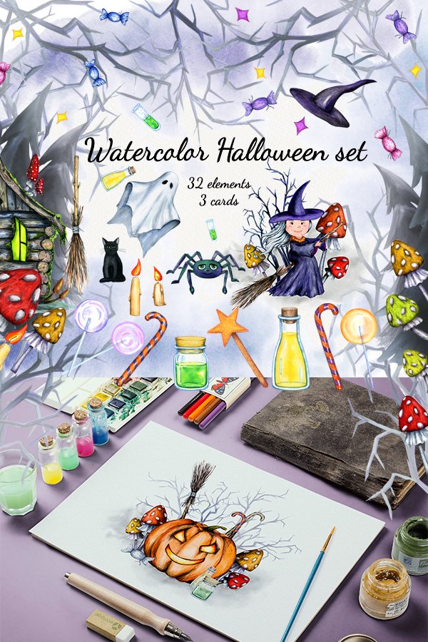 Watercolor Halloween clipart and postcards