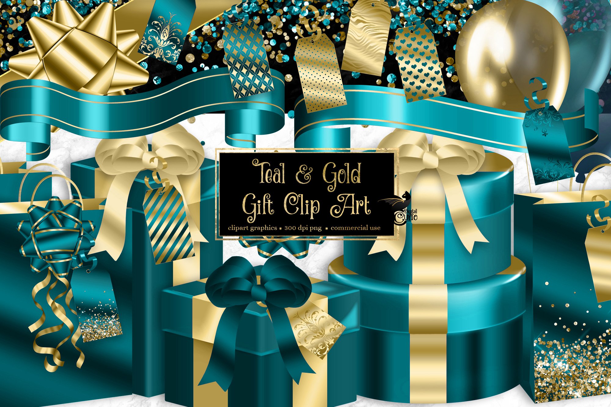 Teal and Gold Gift Clipart