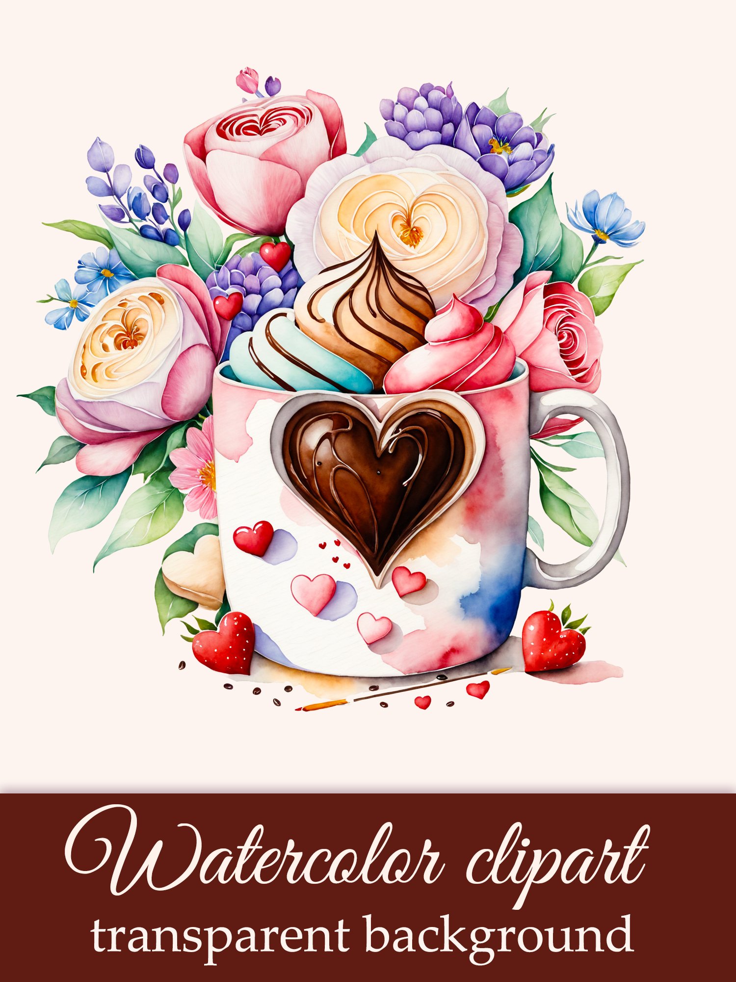 Watercolor coffee cup with hearts and chocolate, clipart Png