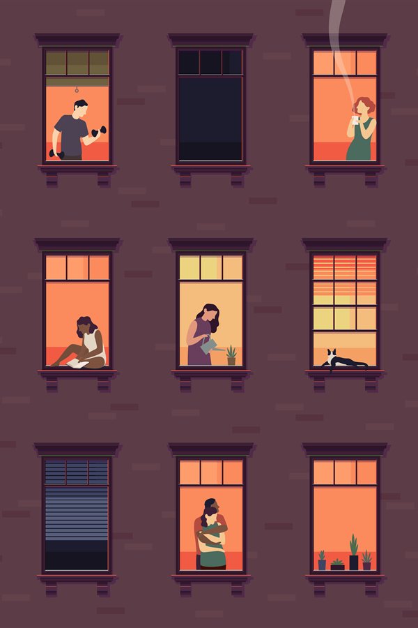 Windows with neighbors. Residential exterior window, neighbo