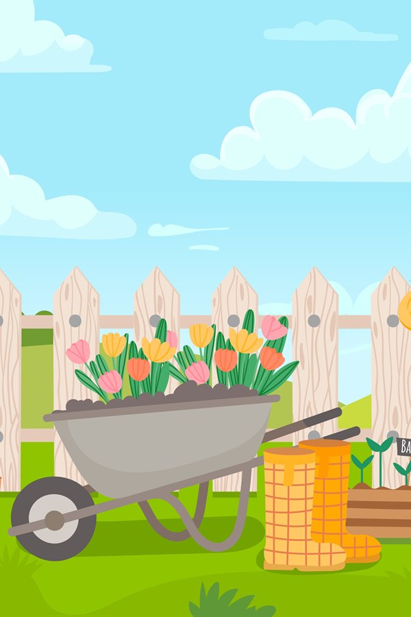 Garden landscape with tools. Cartoon spring poster with yard