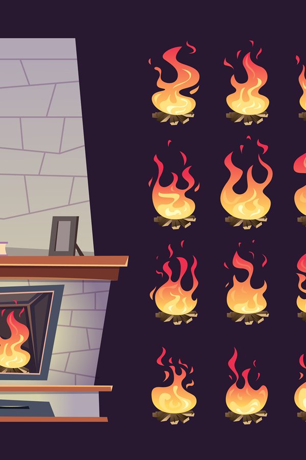 Interior fireplace. Keyframe animation of burning fire place