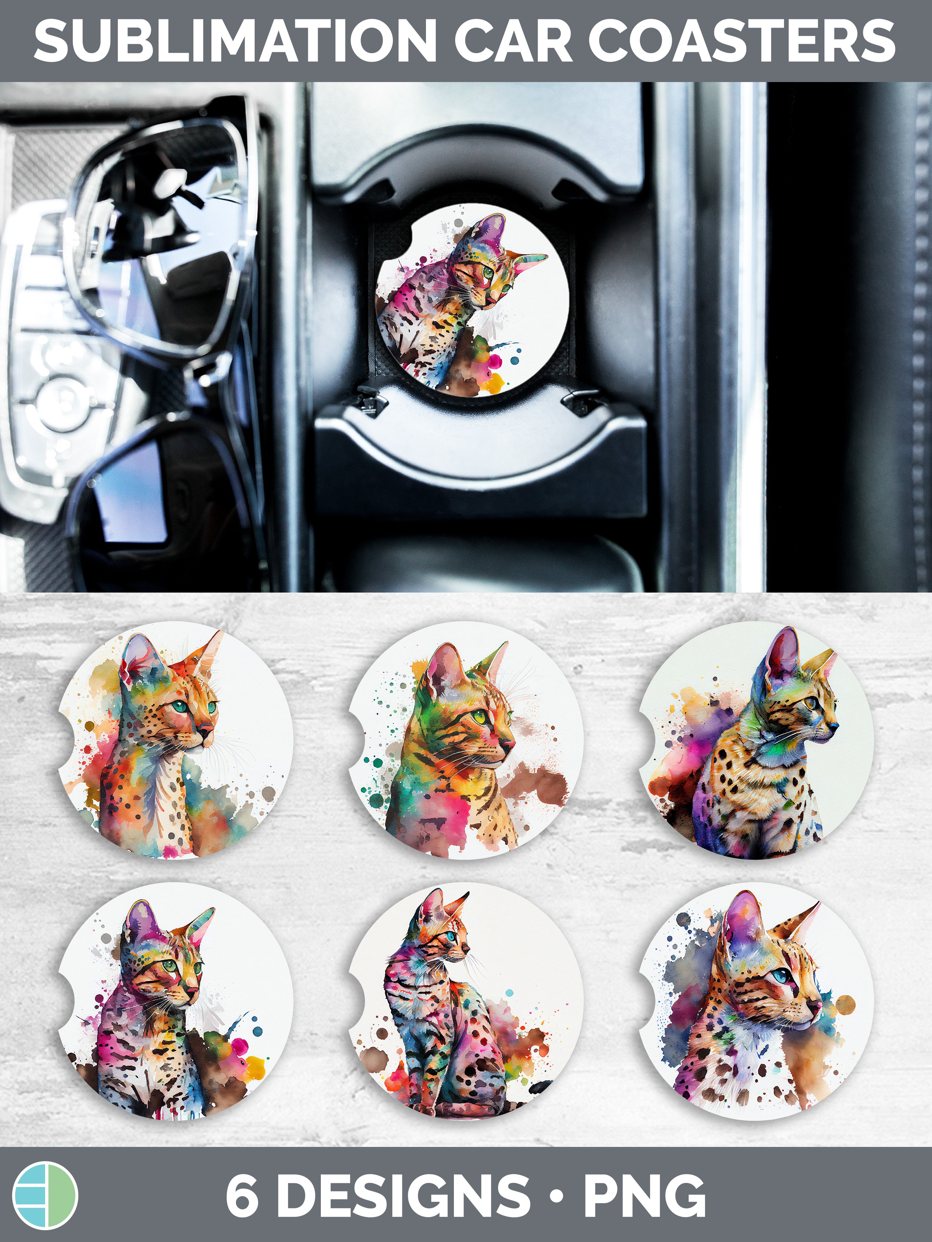 Rainbow Savannah Cat Car Coaster | Sublimation Coaster Desig