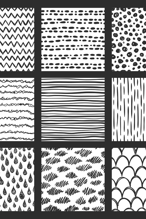 Hand drawn seamless textures. Sketch pattern, scribble doodl