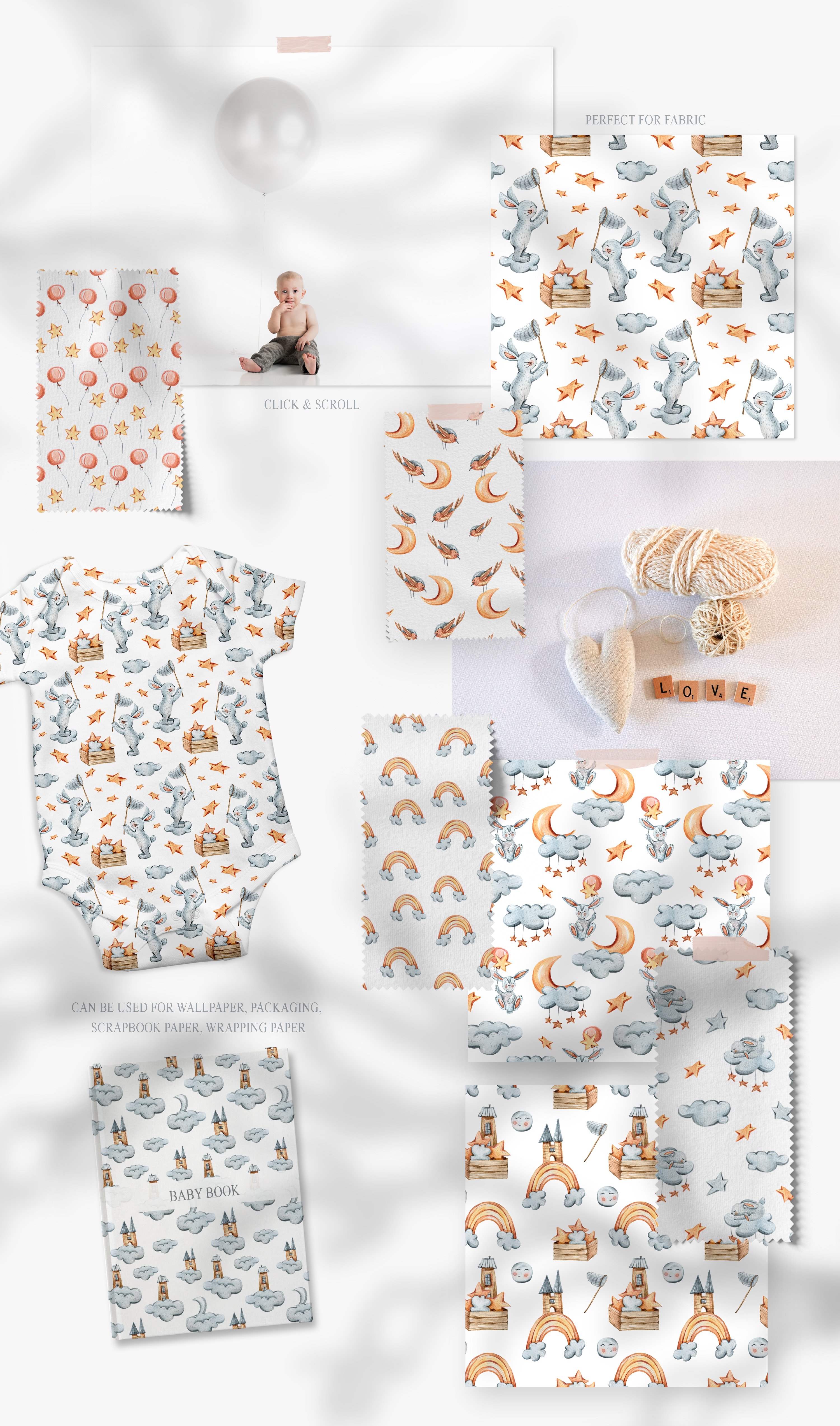 Watercolor cute bunny seamless patterns, digital paper