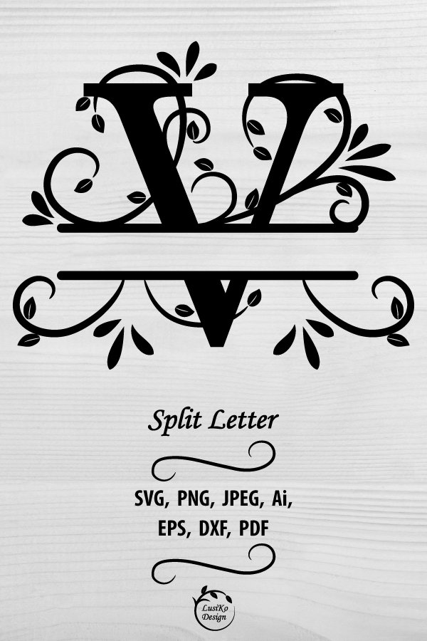 Letter V. Split monogram letter V. Floral alphabet SVG, DXF