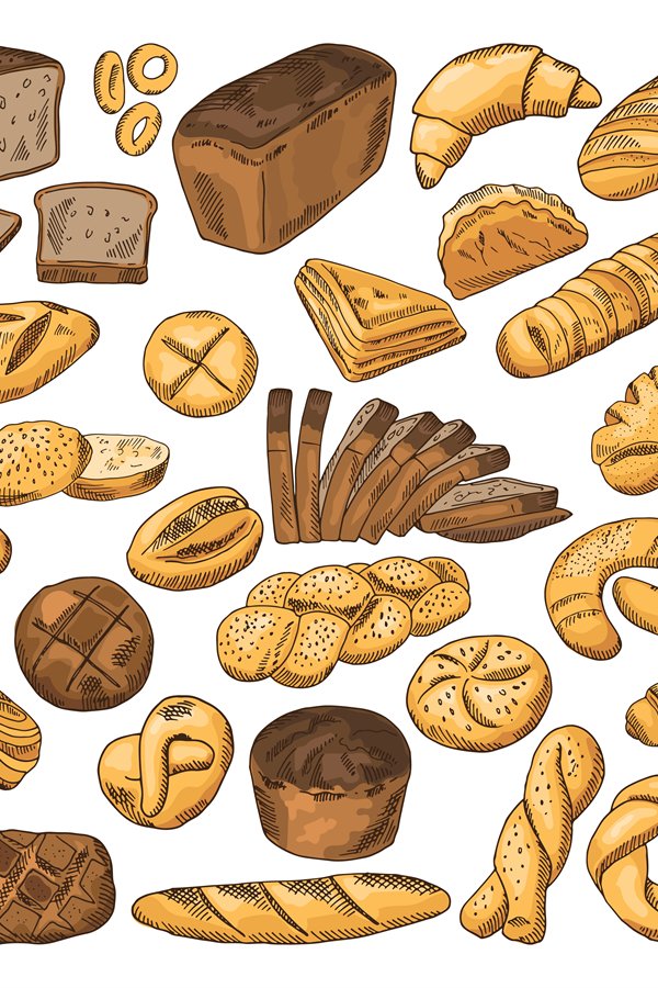 Colored hand drawn pictures of fresh bread and different typ
