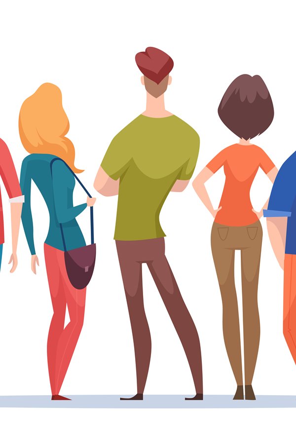 Group people back view. Teenagers standing crowd persons wit
