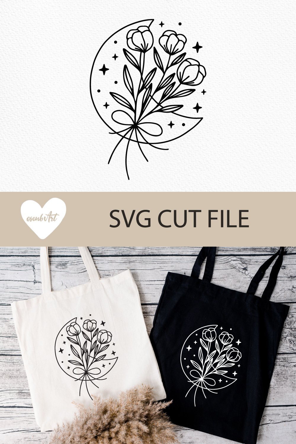 Celestial SVG, Flowers and Moon SVG, Boho SVG Cut File