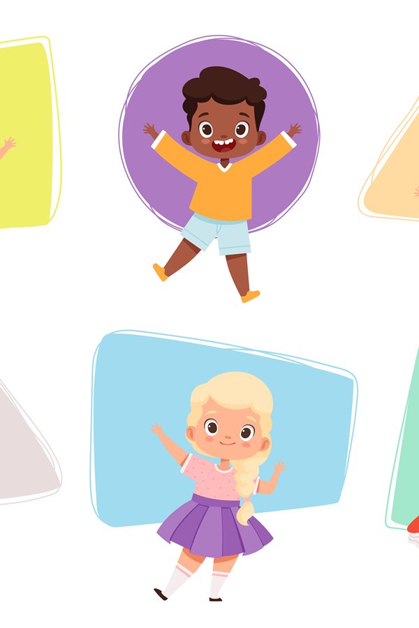 Happy kids jumping. Action childrens in different poses sitt