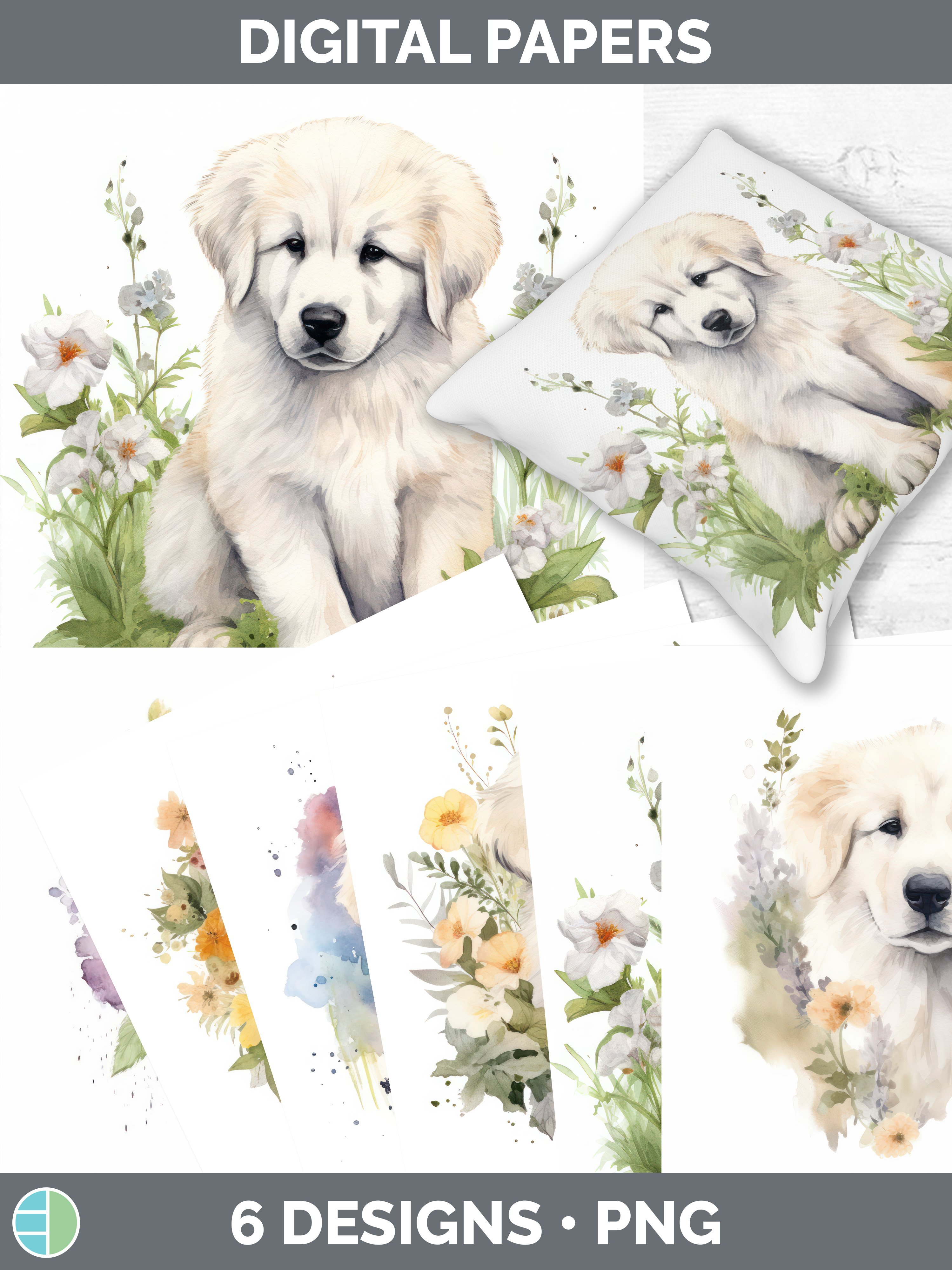 Watercolor Great Pyrenees Dog Paper Backgrounds | Digital Sc