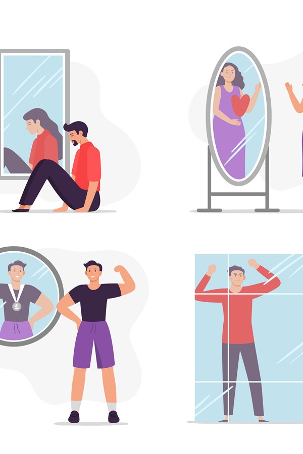 People looking at mirror reflection. Self-assessment and per