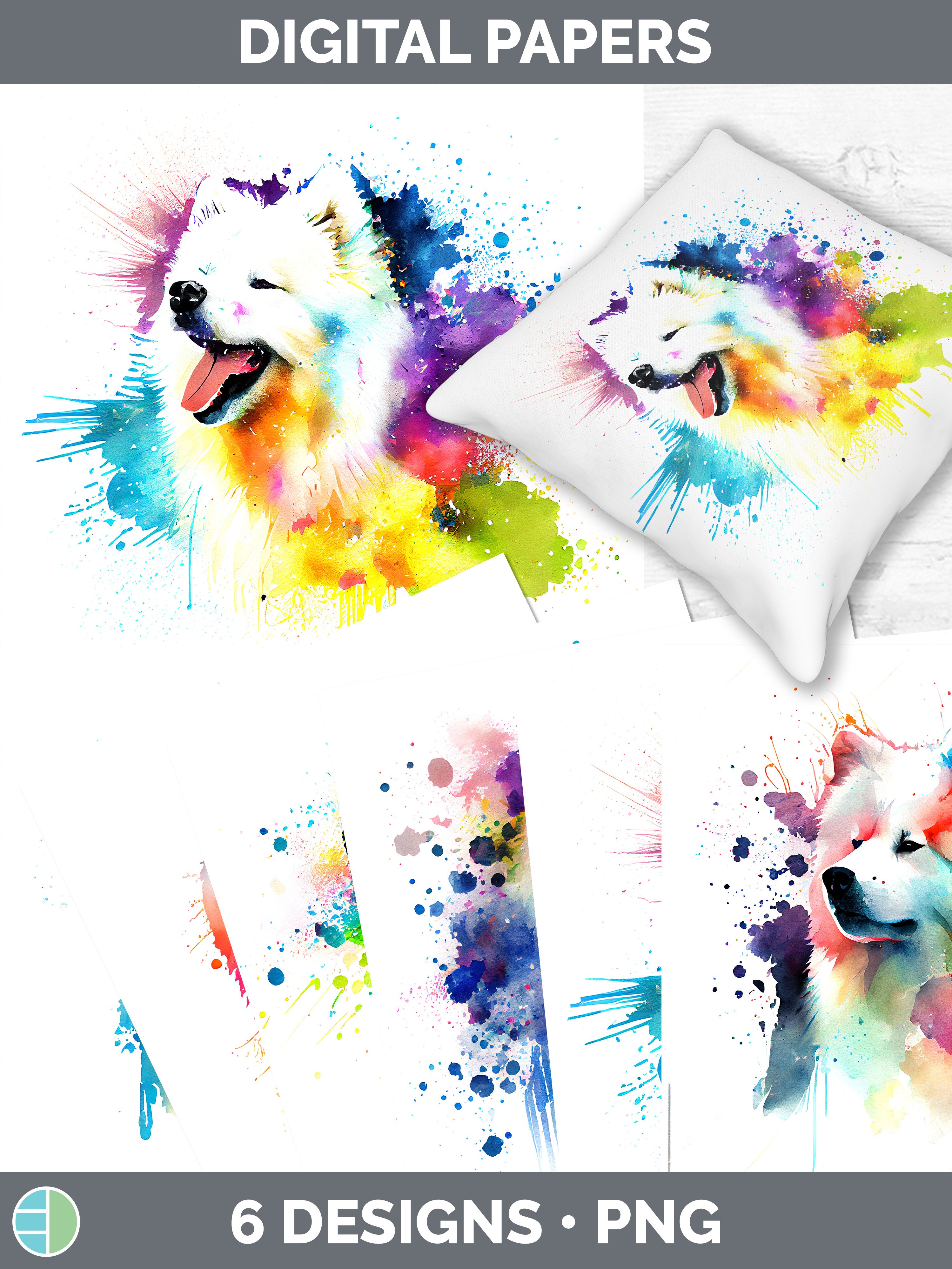 Rainbow Samoyed Dog Paper Backgrounds | Digital Scrapbook Pa