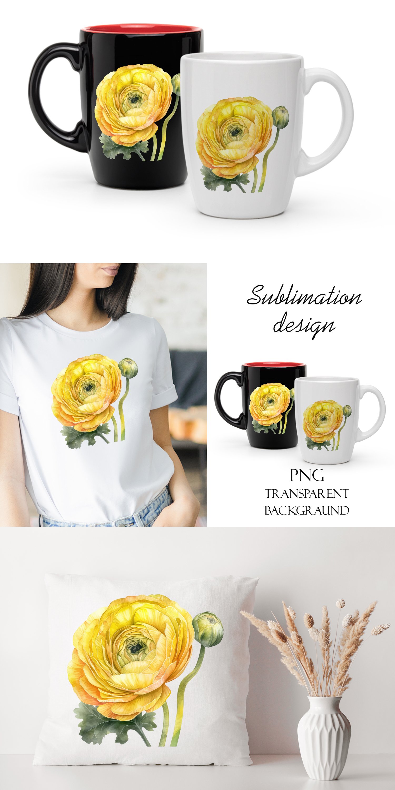 Sublimation design, yellow ranunculus flowers, PNG file