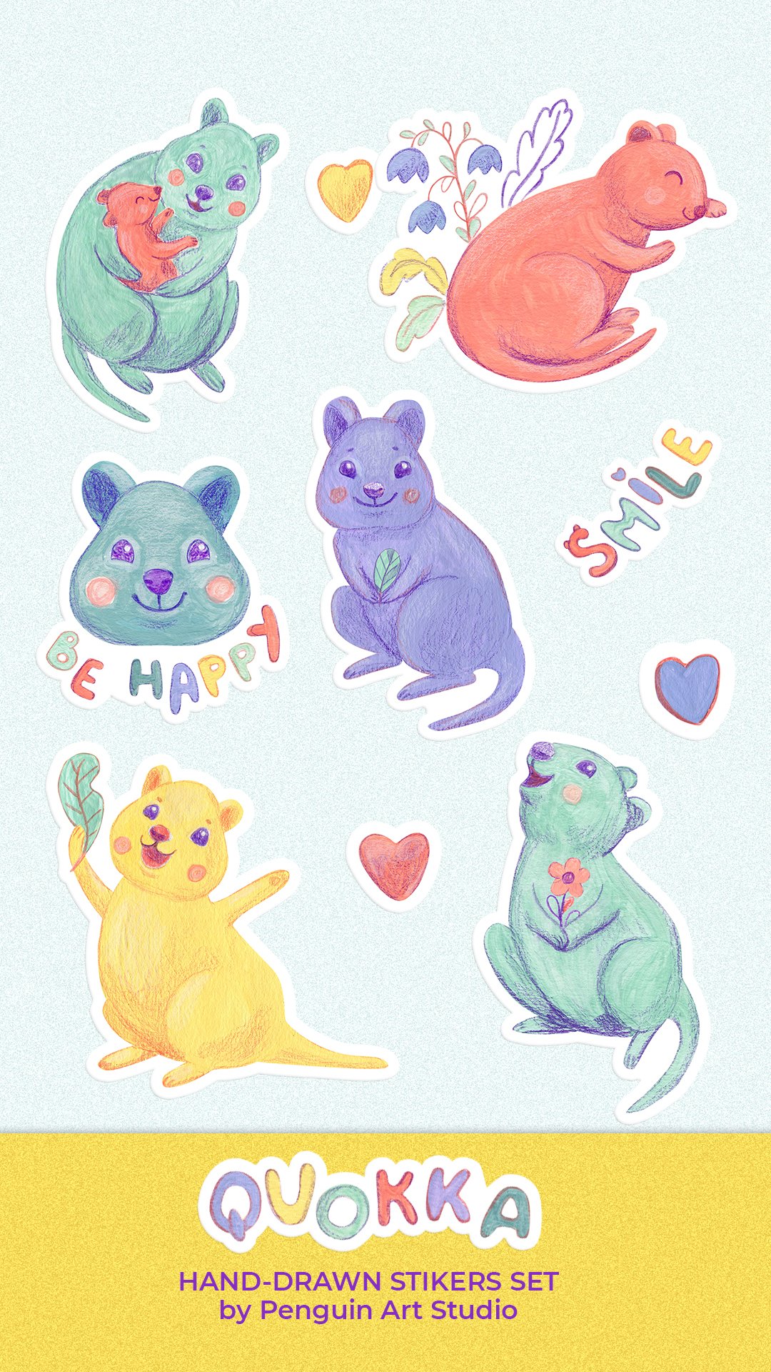 Cute quokkas. Hand drawn stikers set.