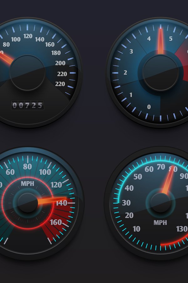 Futuristic car speedometers, speed indicators with pointer f