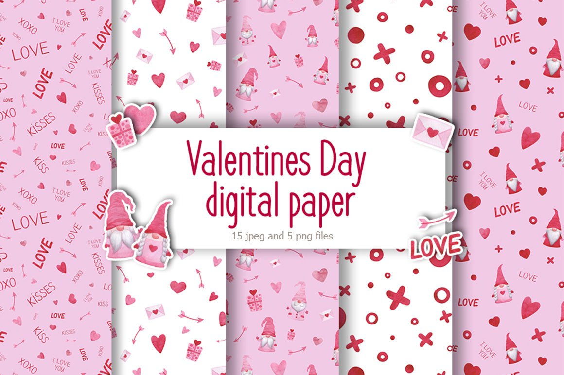 Valentine's gnome digital papers