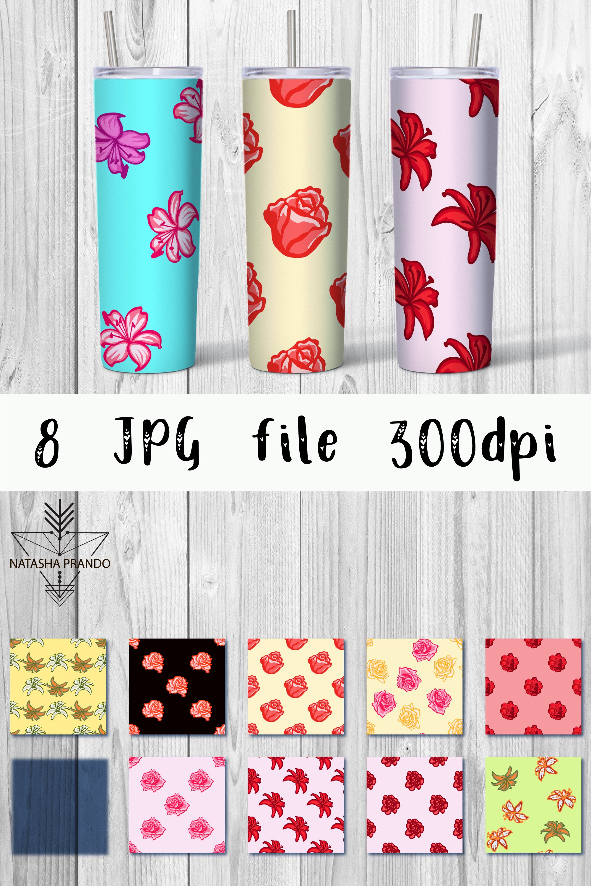 Floral digital paper, flower seamless pattern set.