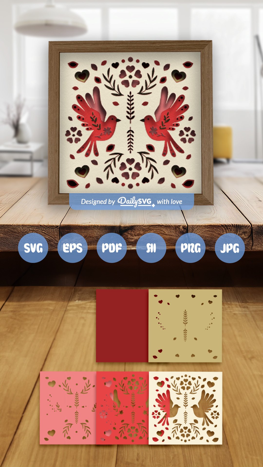 Love Bird Floral Folk Art Layered Papercut